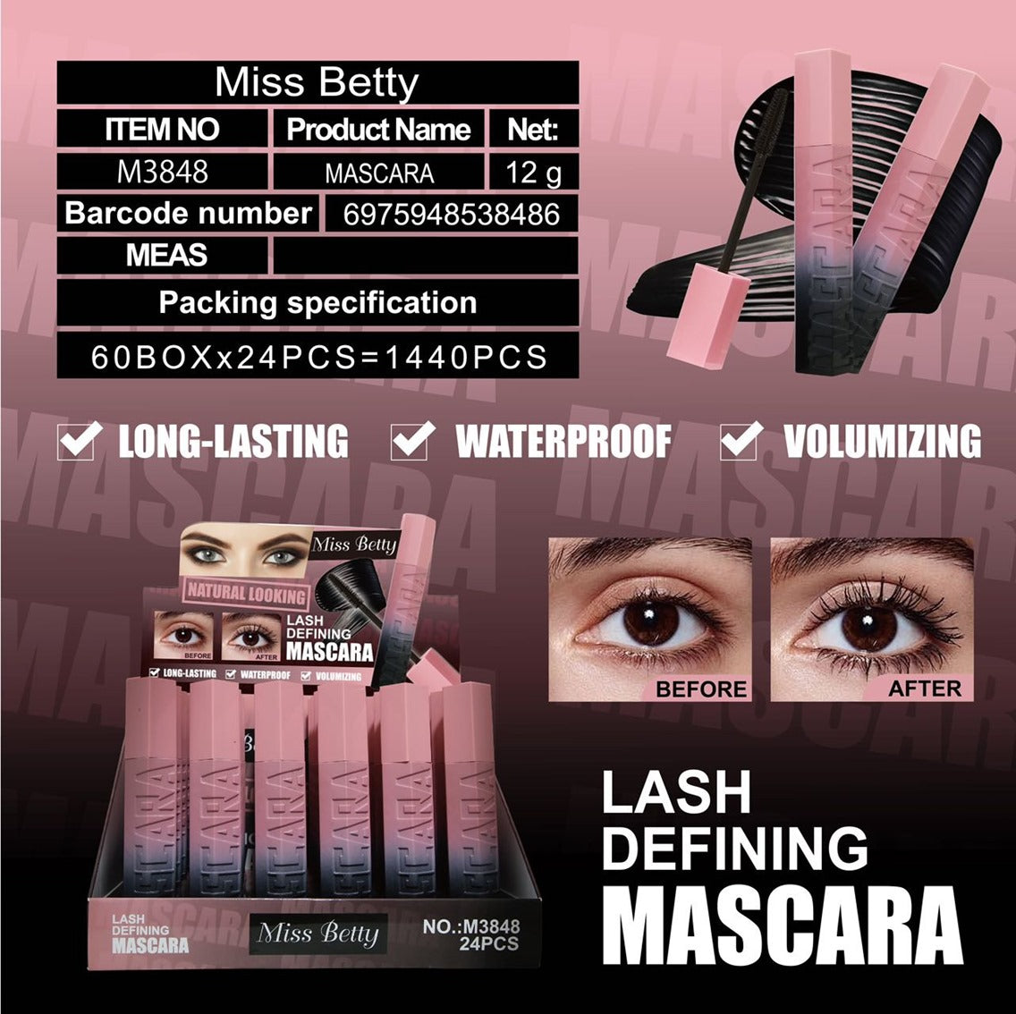RIMEL MASCARA DE PESTAÑAS MISS BETTY 24 PCS M3848 – Cosméticos Los Angeles